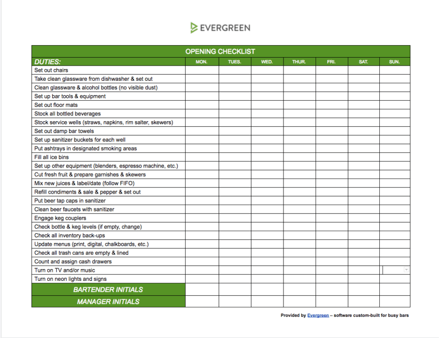 25 Bar Opening and Closing Procedures | Evergreen